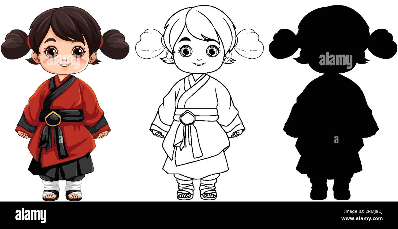 A charming Asian girl wearing a traditional dress in a vector cartoon ...