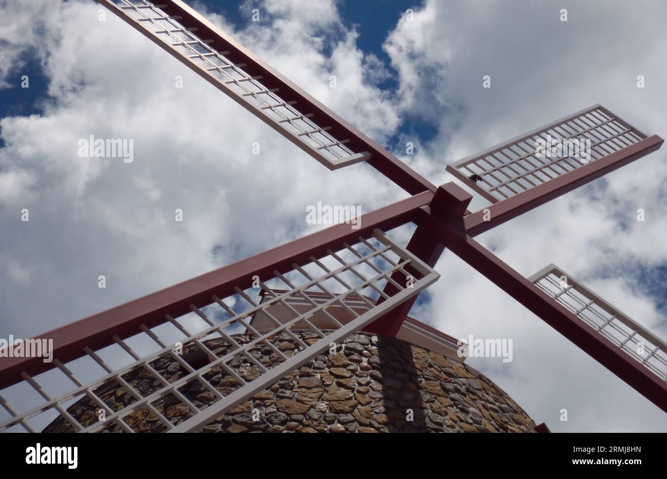 Looking up at an old style windmill in Oranjestad, Aruba, in the ...