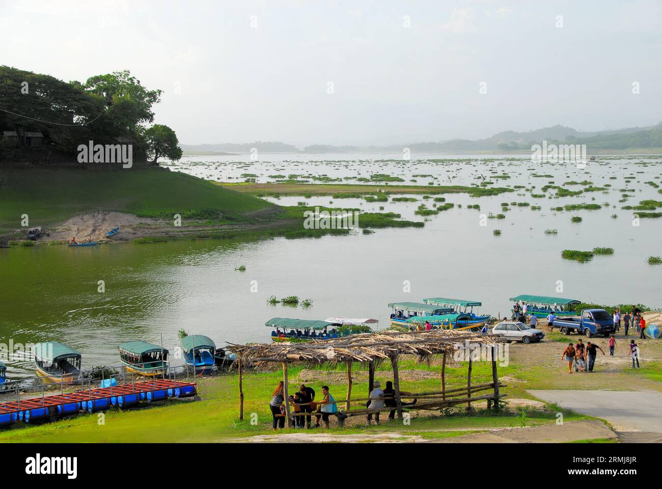 A calm Lake with small tuffs of grass and small boats lining the ...