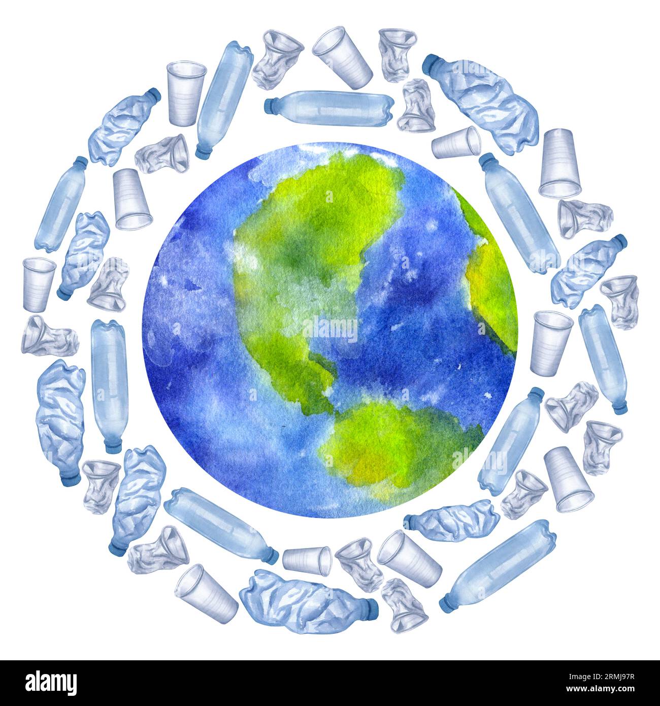 Plastic trash around planet Earth. Disposable blue transparent bottles ...