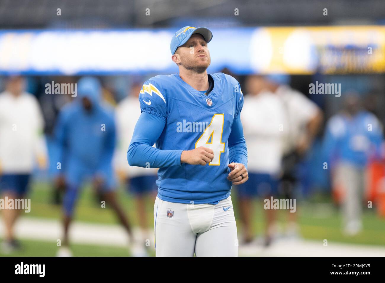 Los Angeles Chargers place kicker Dustin Hopkins (4) before an NFL ...