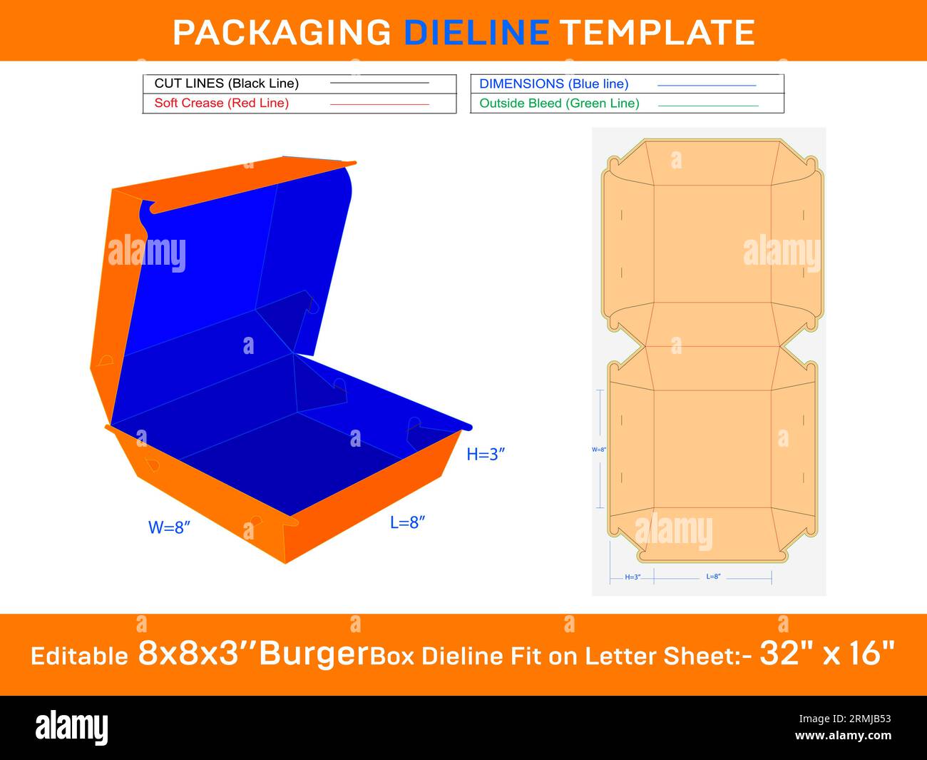 8x8x3'' Burger Box Die line Template SVG, Ai, EPS, PDF, JPG, PNG File ...