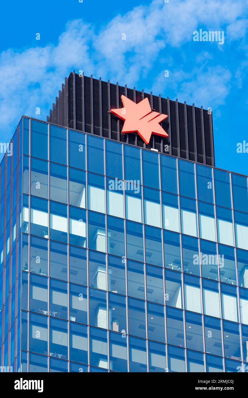 A National Australia Bank (Nab bank) red star logo sign on the exterior ...