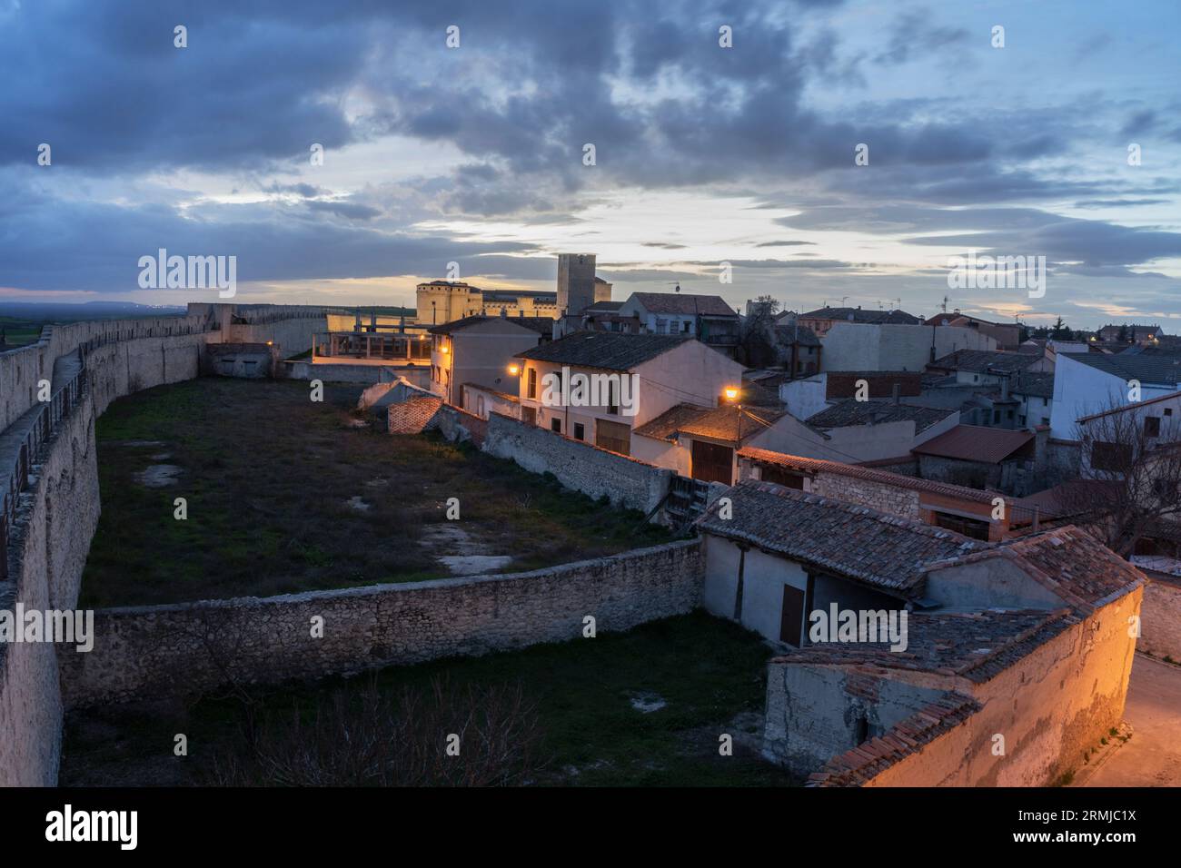An aerial view of nightfall in the town of Cuellar, Segovia. Spain ...