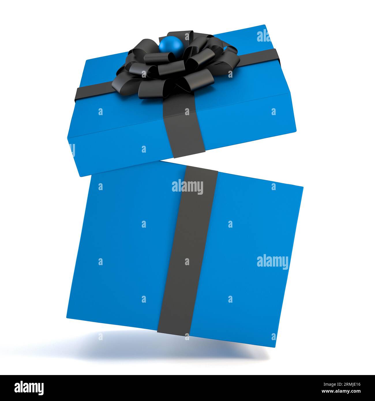 Falling blue gift box with black ribbon and bow isolated on white ...