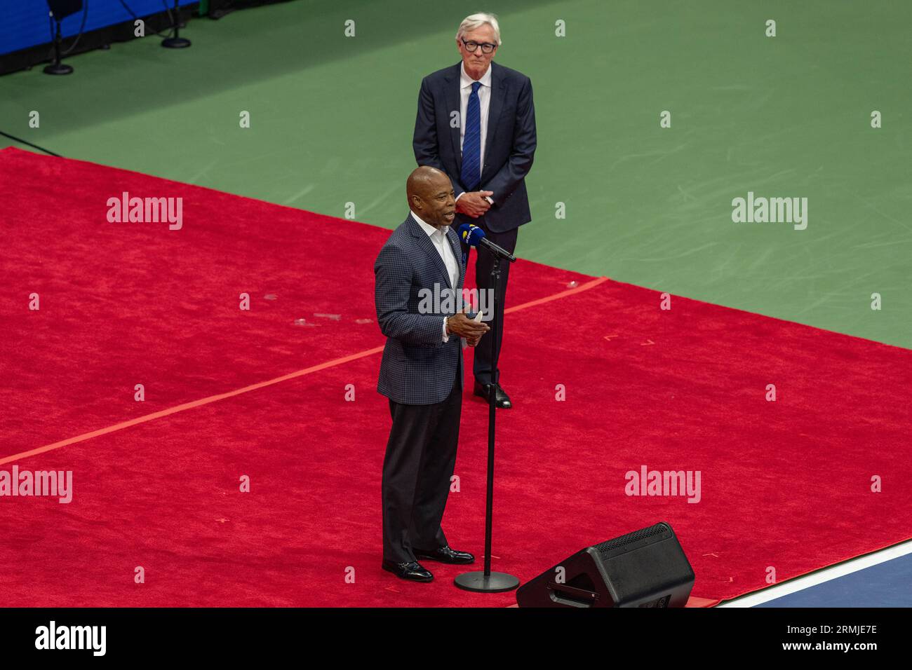 Mayor Eric Adams speaks before match between Coco Gauff of USA and ...