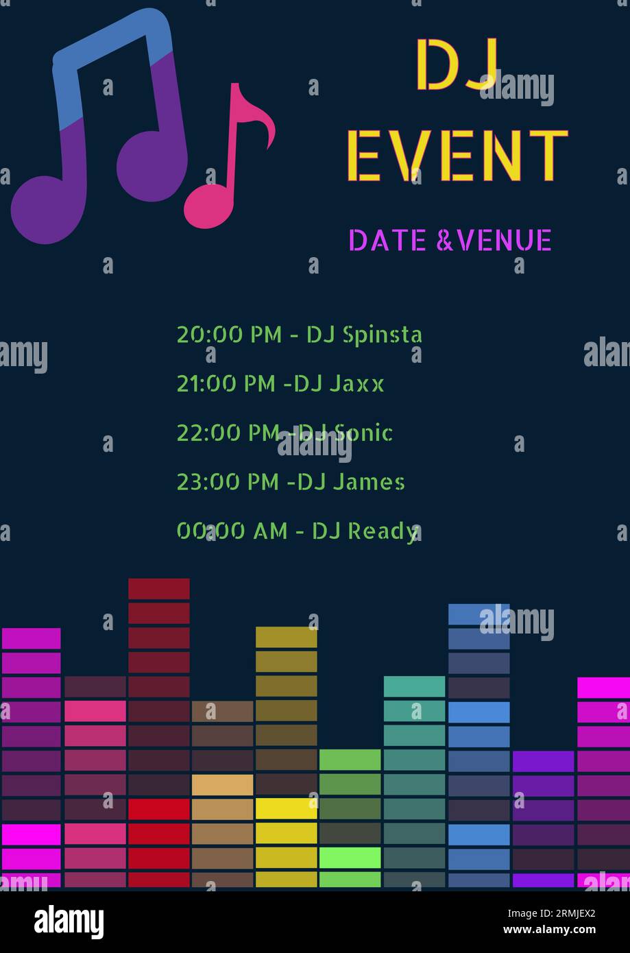 Illustration of musical notes with dj event, date and venue, timings ...