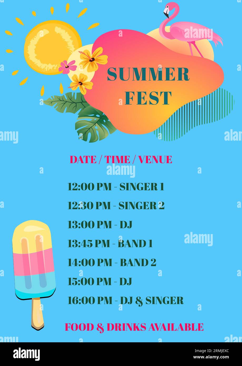 Illustration of flamingo and sun with summer fest, date, time, venue ...