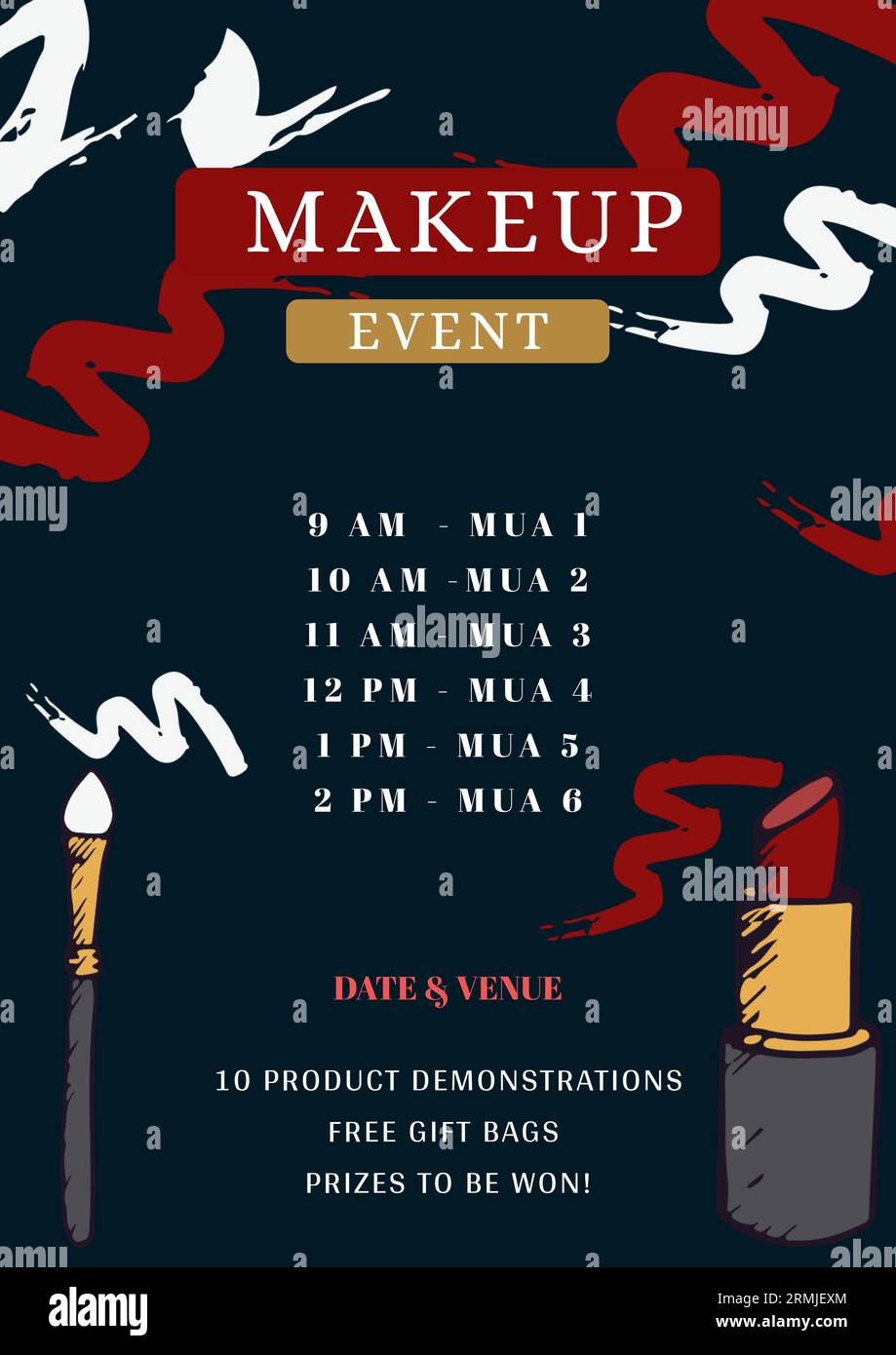 Illustration of makeup event, timings and mua 1,2,3,4,5,6, date, venue ...
