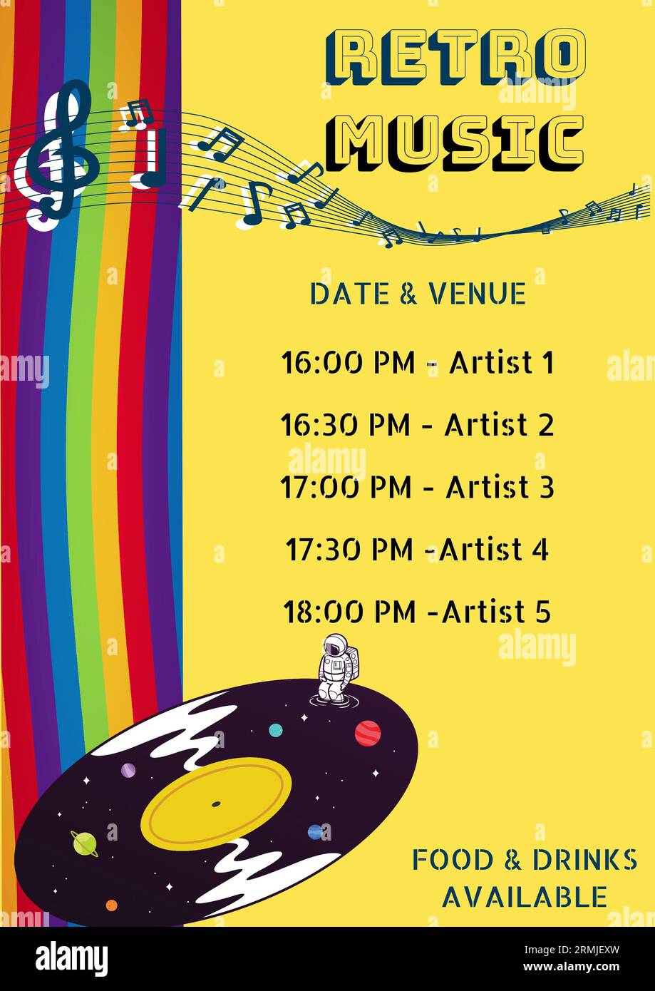 Illustration of musical notes, retro music with date, venue, timings ...