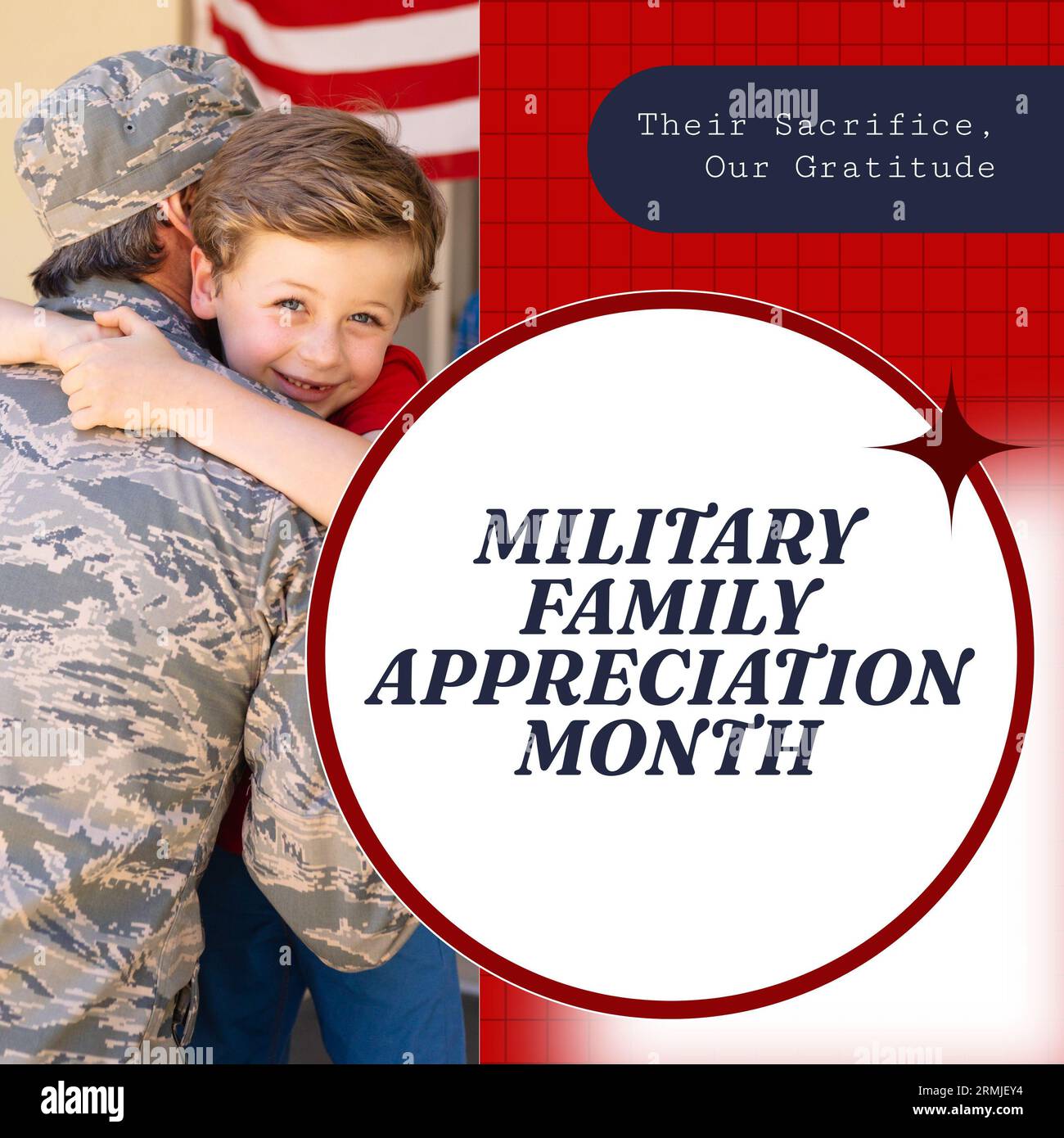 Caucasian smiling boy embracing army soldier father and military family ...