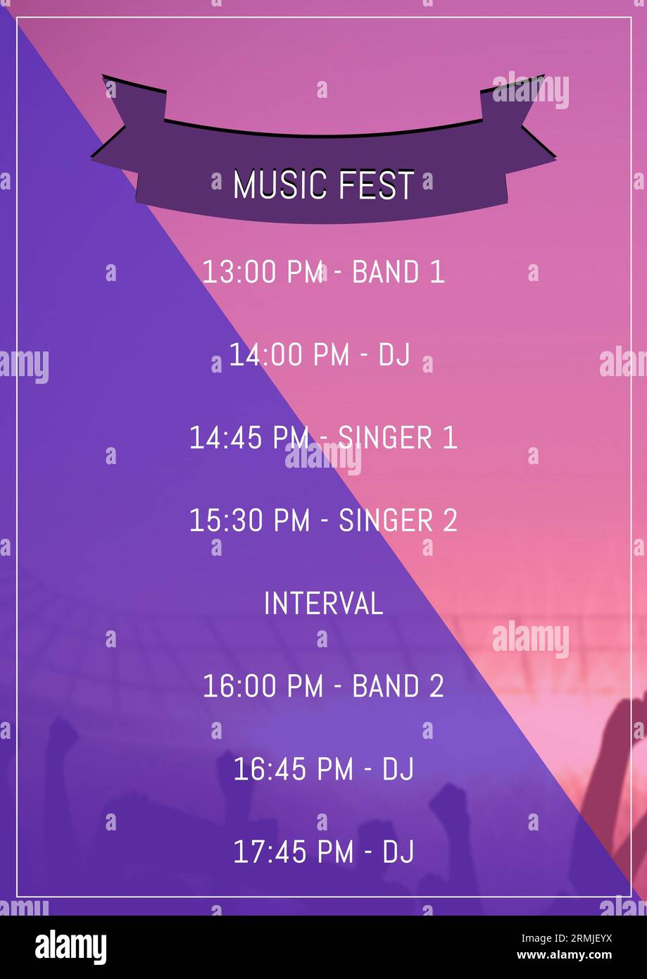 Illustration of music fest with timings, band 1,2, dj, singer 1,2 text ...