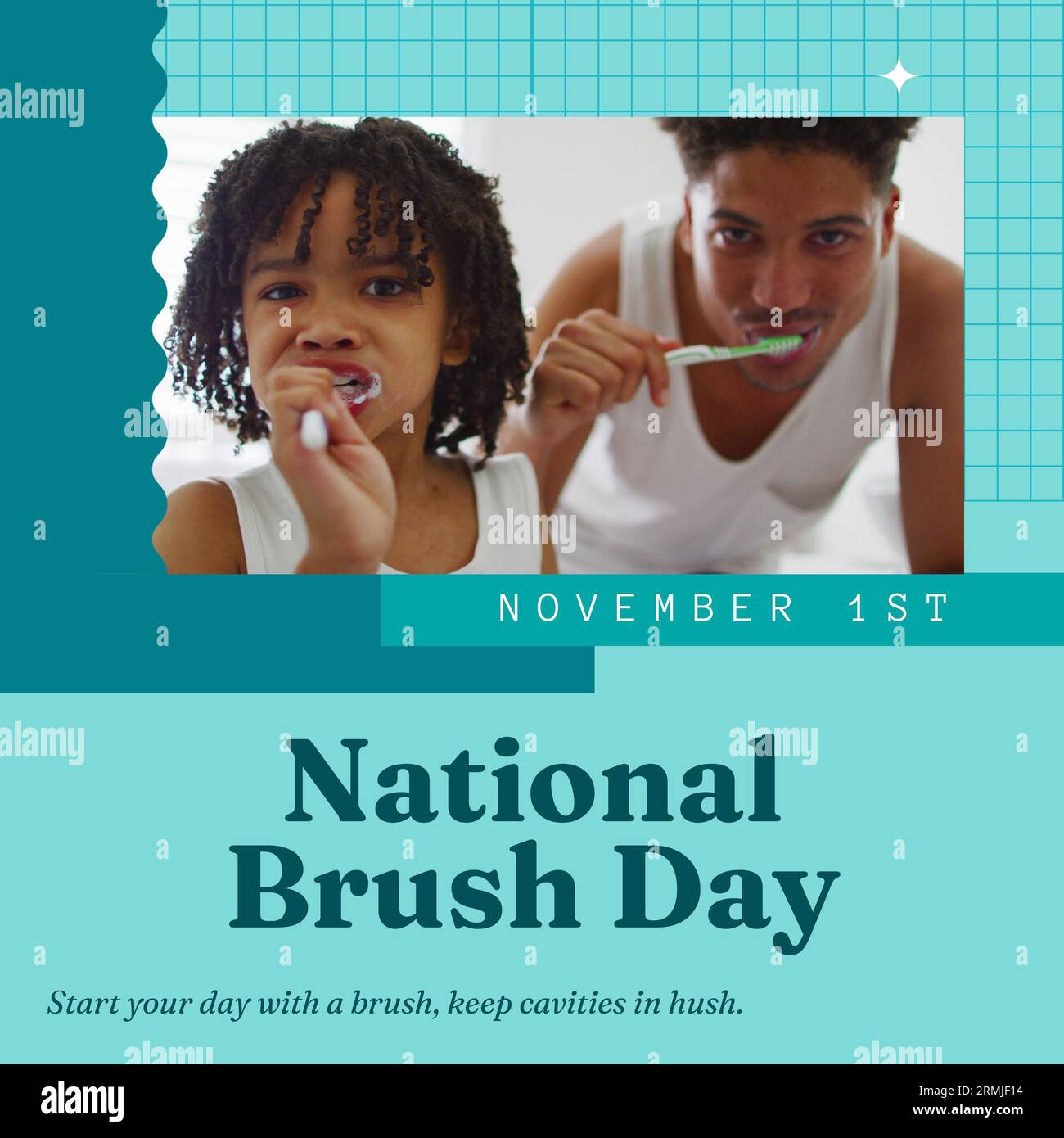 Composite of biracial father and son brushing teeth and november 1st ...