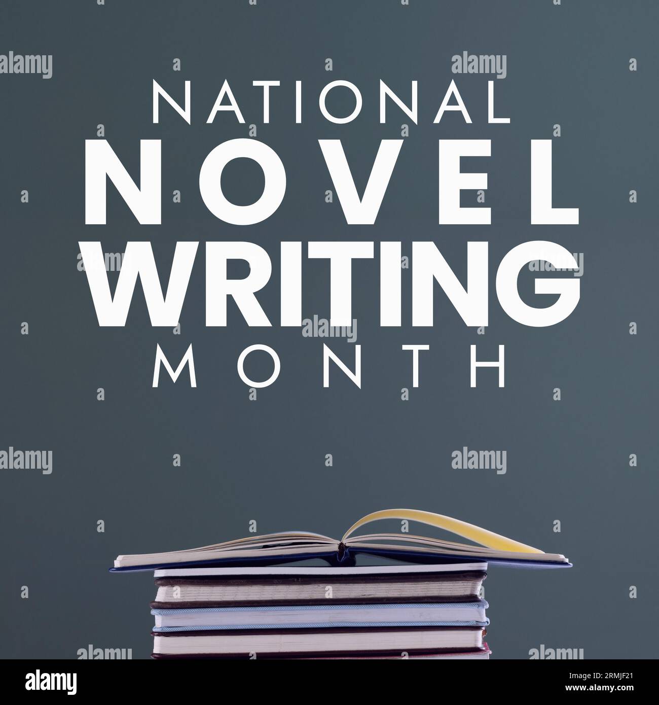 Composite of books and national novel writing month text on grey ...