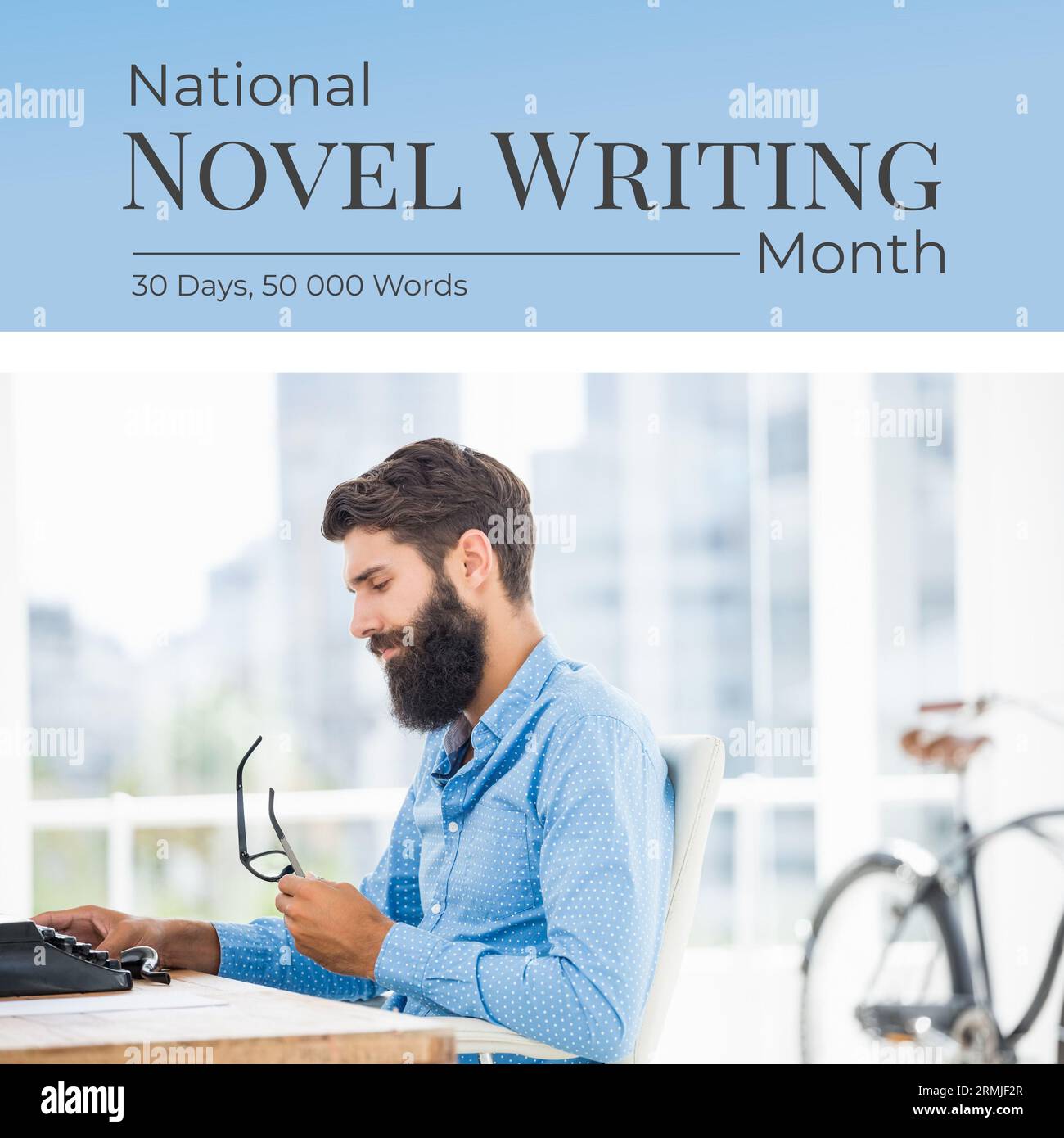 Composite of bearded caucasian man with typewriter and national novel ...