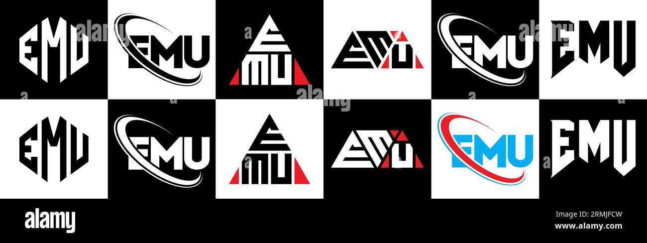 EMU letter logo design in six style. EMU polygon, circle, triangle ...