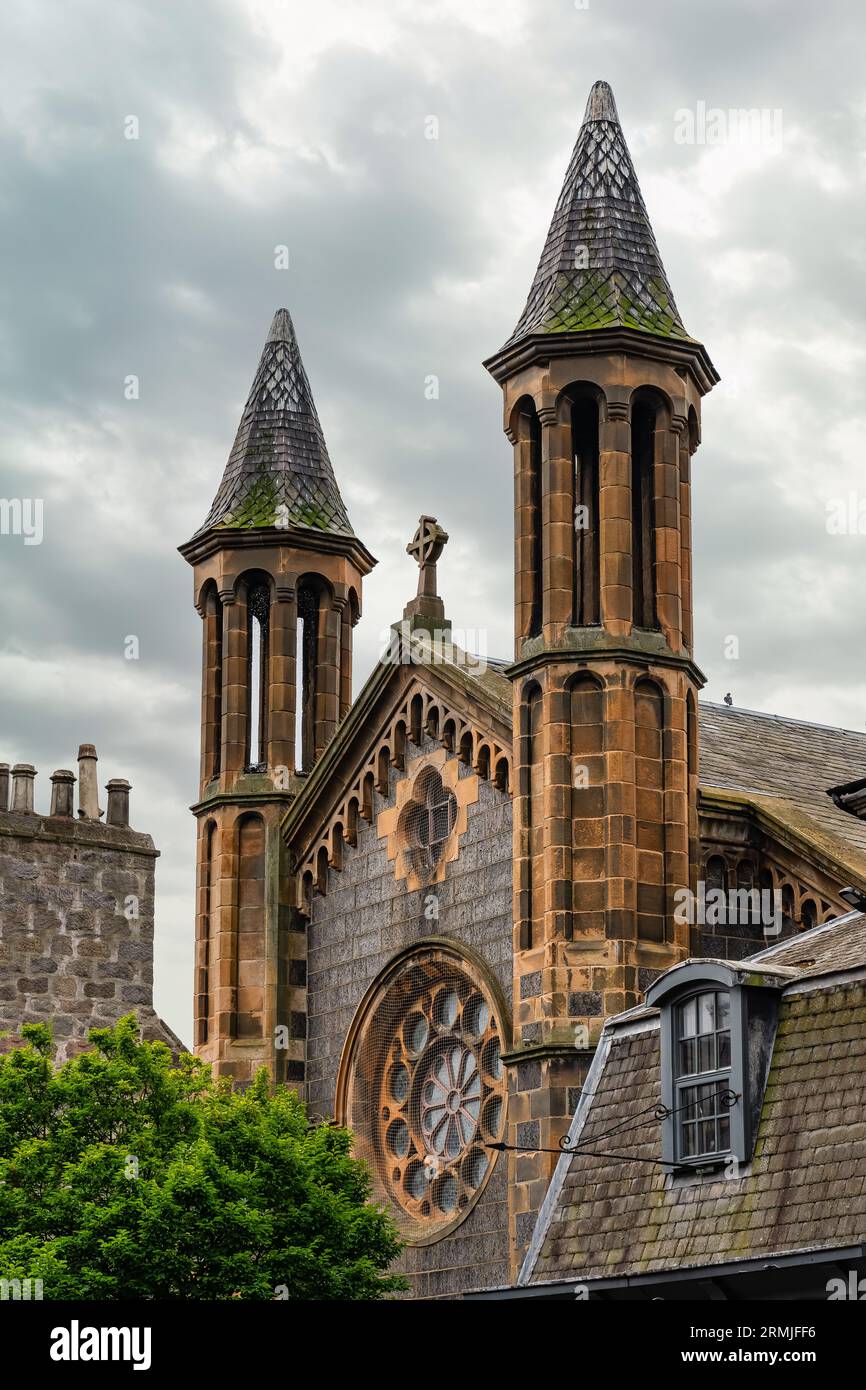 Medieval stone church towers in the old town of Aberdeen, Scotland ...