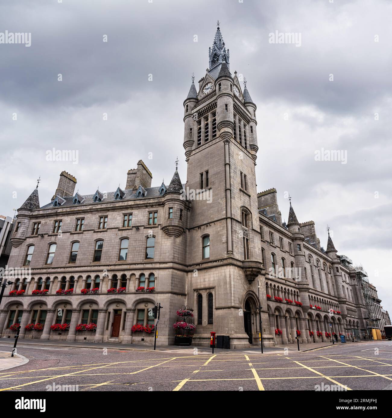 Old granite buildings with high towers in the resort town of Aberdeen ...