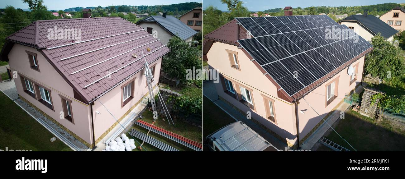 Collage of photos of installation and ready solar panels on the roof of ...