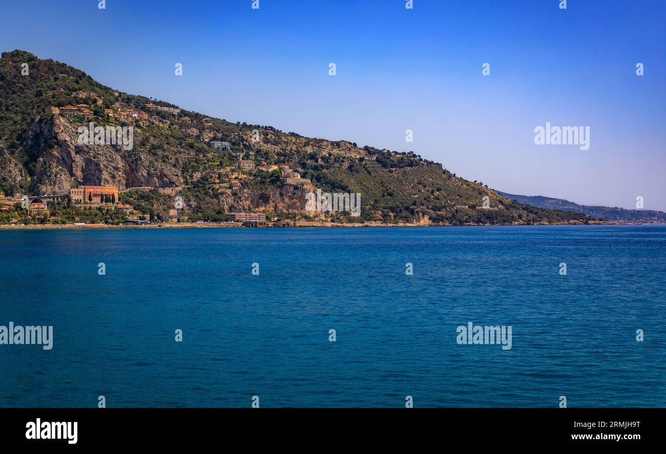 Mediterranean Sea and coastline with a beach in Menton on the French ...