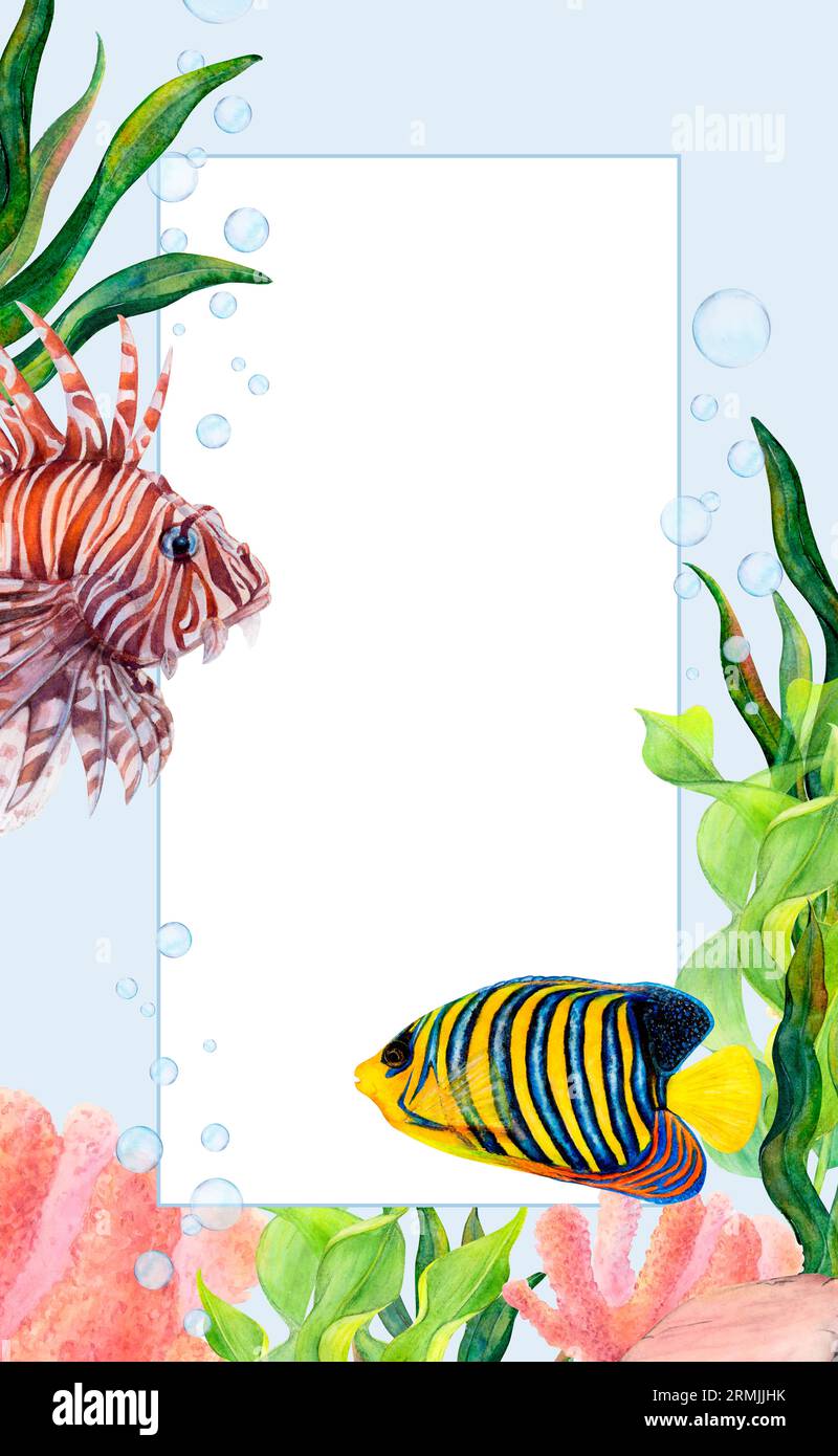 Watercolor drawing frame from ribbon algae, coral, air bubbles ...