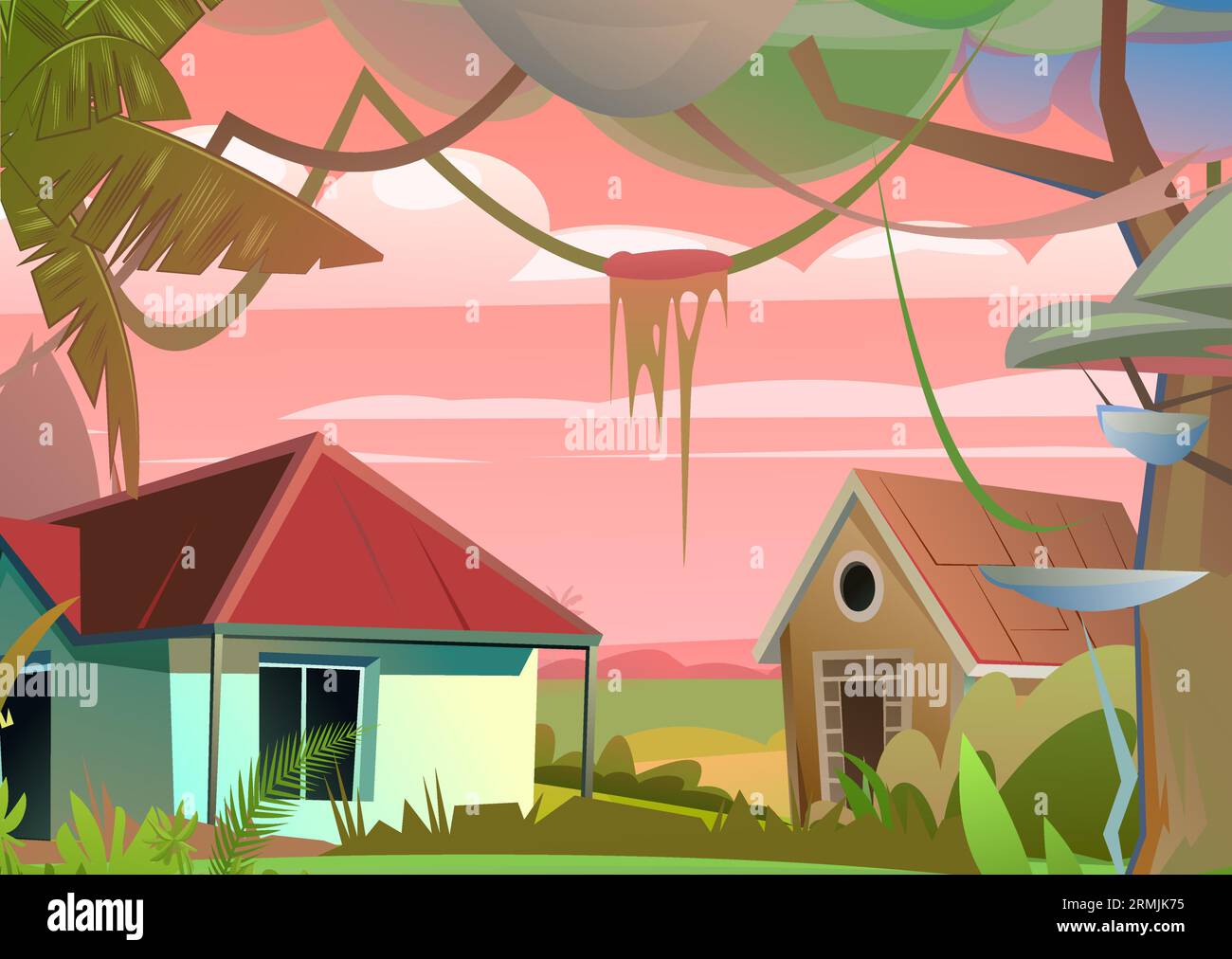 house is beautiful. Evening tropical landscape. Jungle view. Fun ...