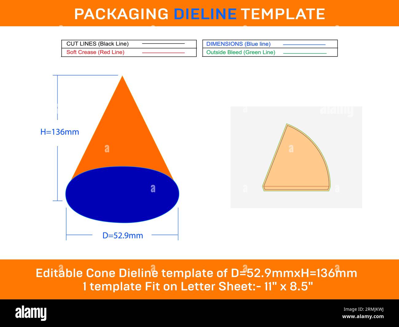 Waffle or sugar cone Ice cream cone die line template D 52.9xH 136 mm ...