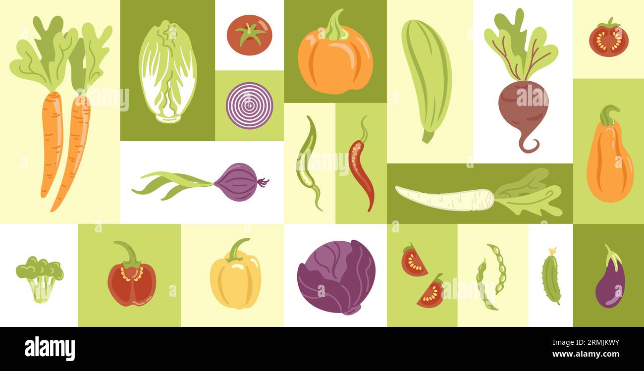 Big set of vegetables in flat style. Various fresh vegetarian products ...