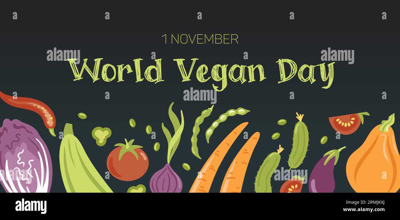 Vegan day. Horizontal banner with vegetables in cartoon style. Cabbage ...