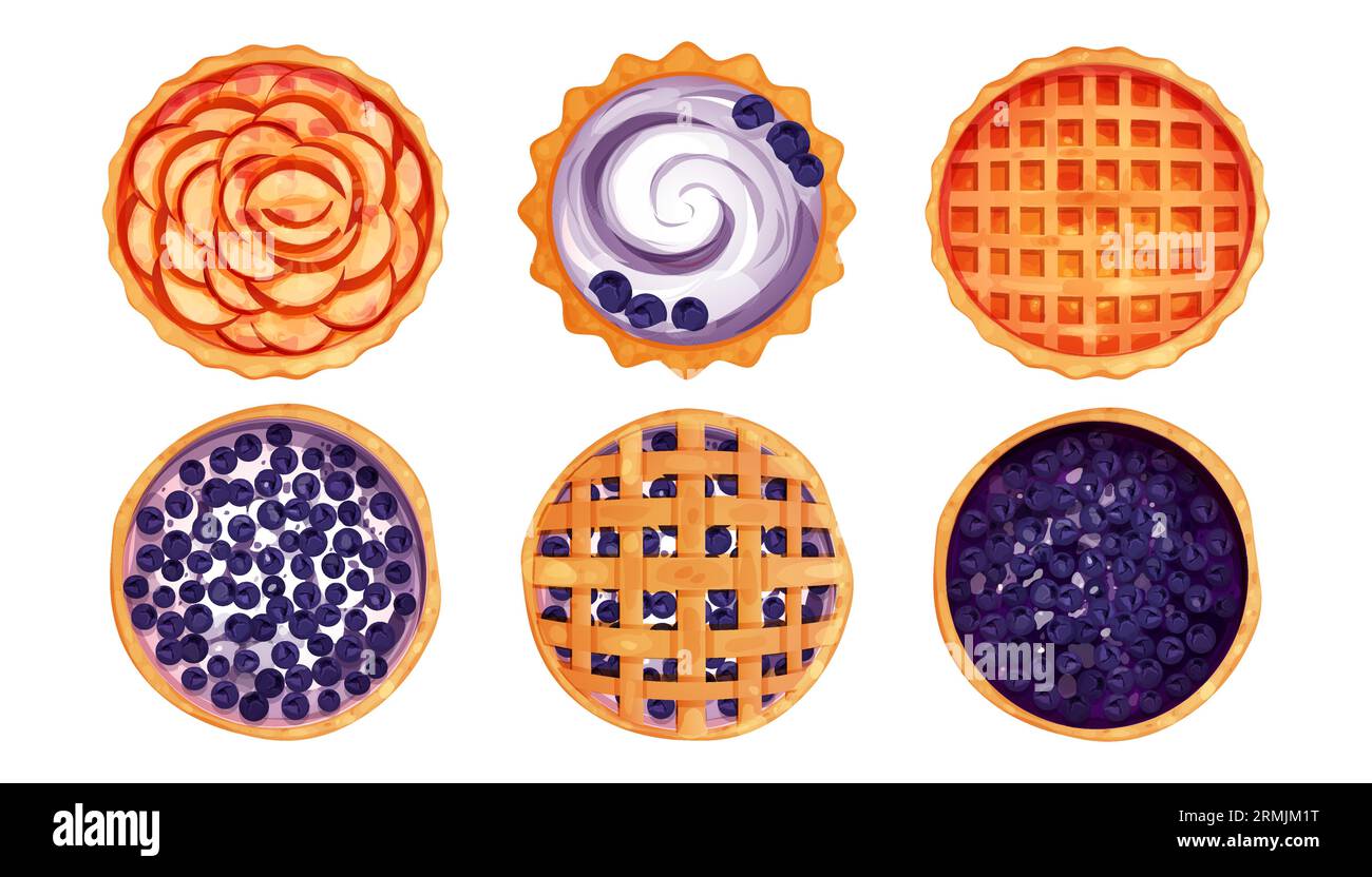 Set Homemde pie, tart top view whole round bakery, dessert in cartoon style isolated on white ...