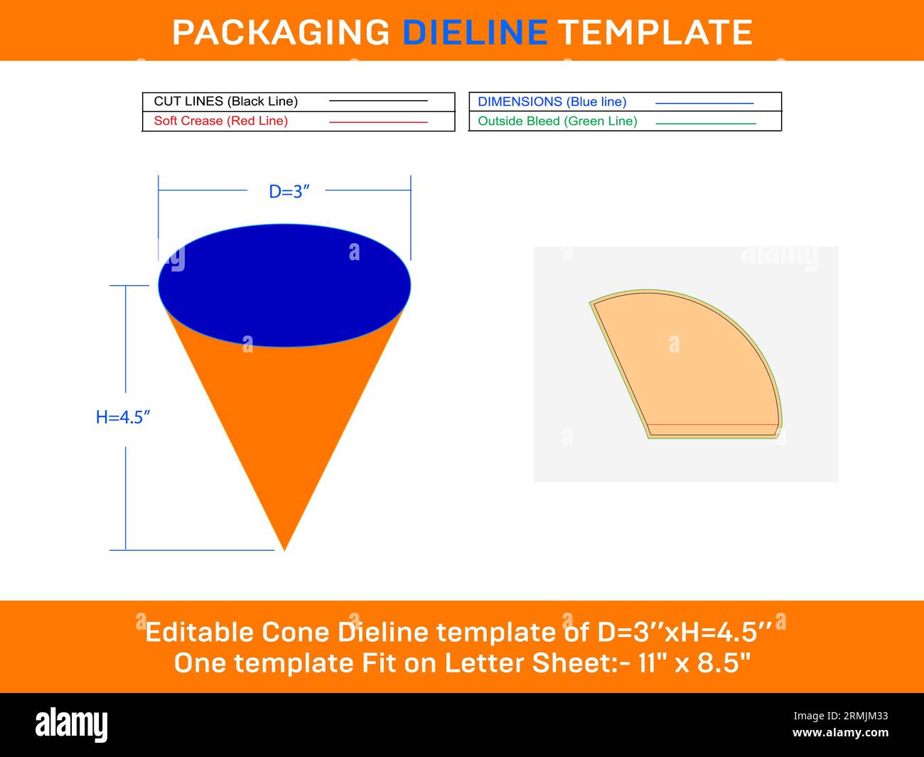Medium paper cone ice cream Die line Template D 3xH 4.5 inch Stock ...