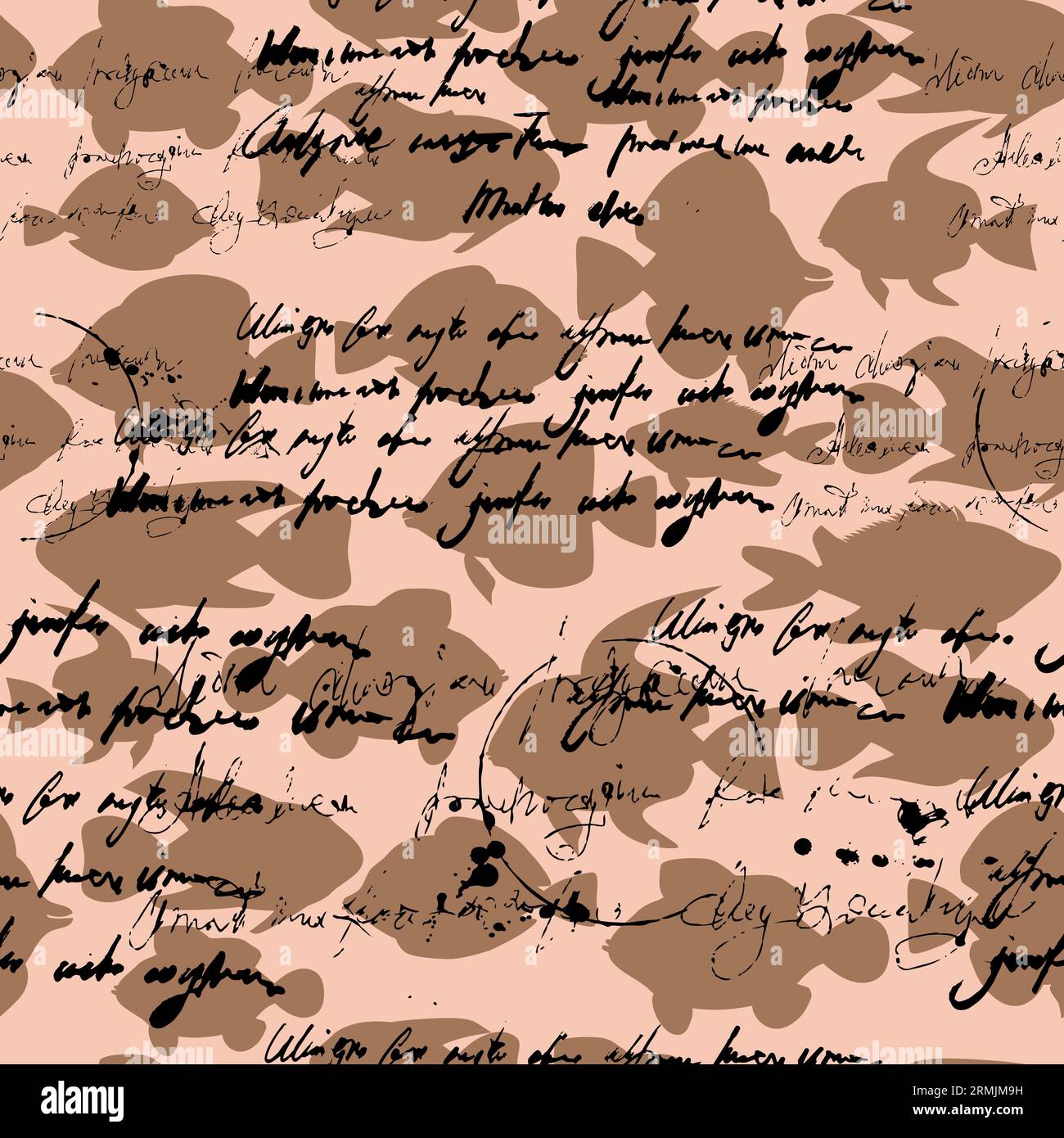 Seamless pattern Tropical fishes silhouette style, unreadable text ...