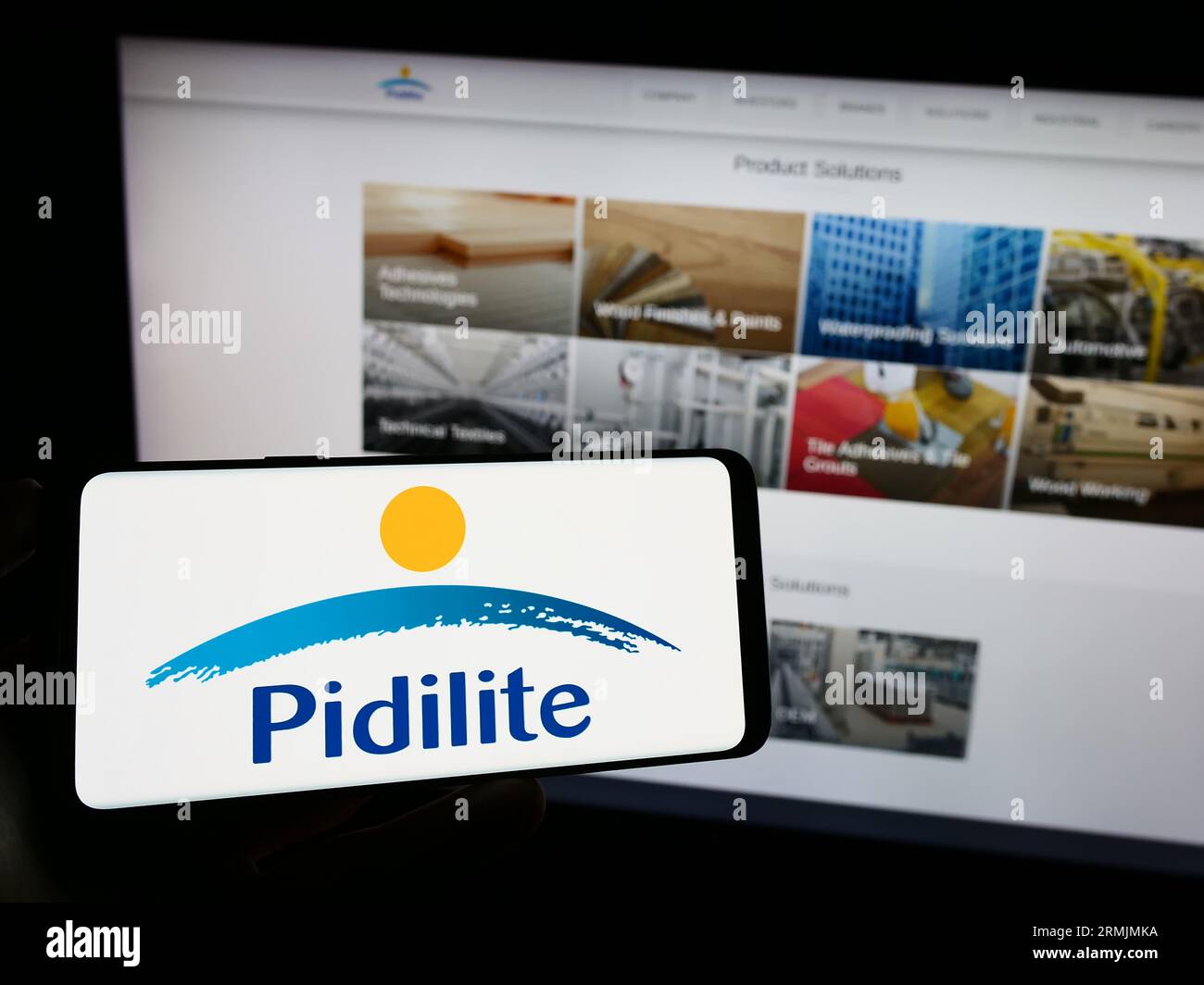 Person holding cellphone with logo of Indian company Pidilite ...