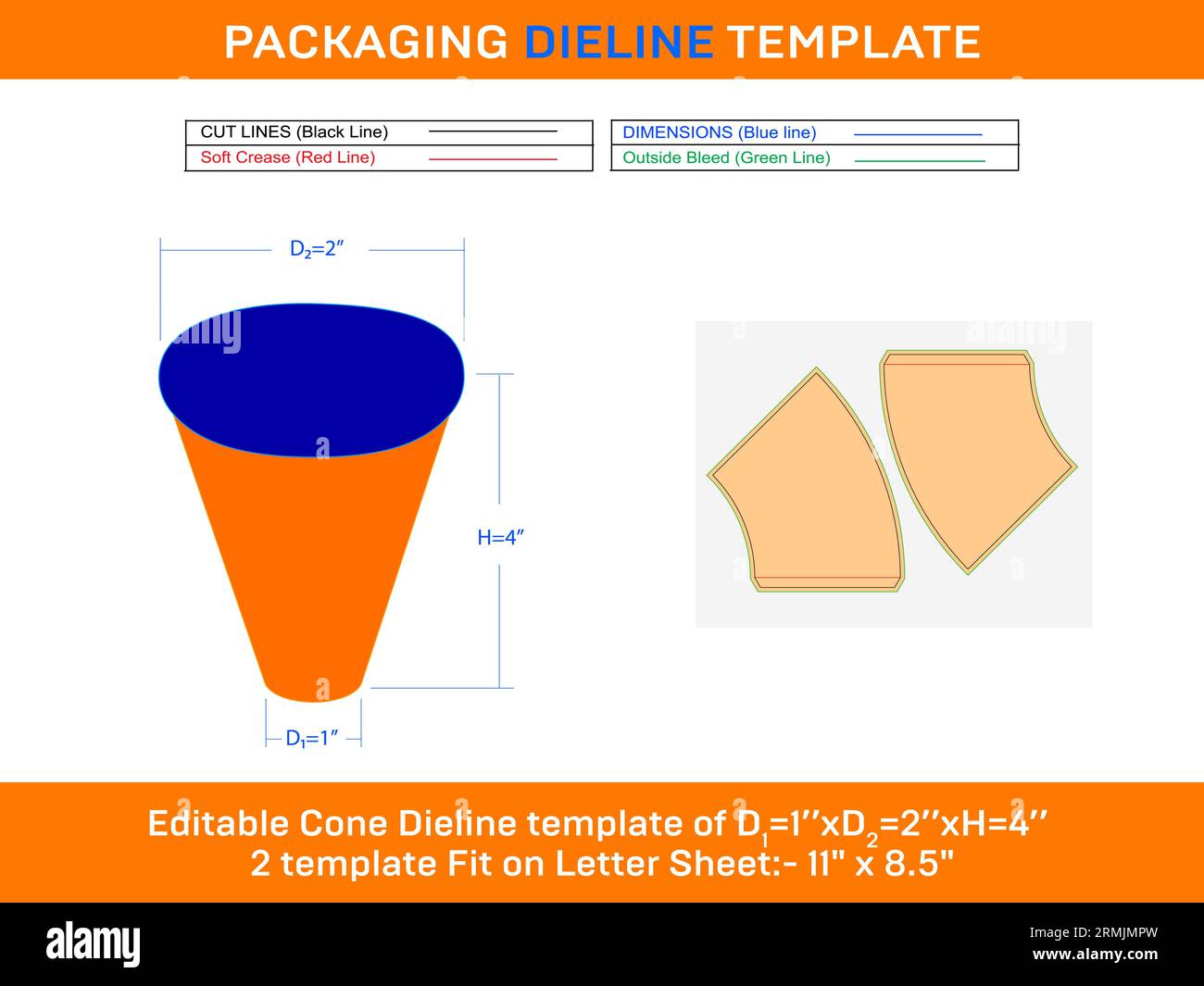 Regular cone Ice cream Die line Template D1 1xD2 2xH 4 inch Stock ...