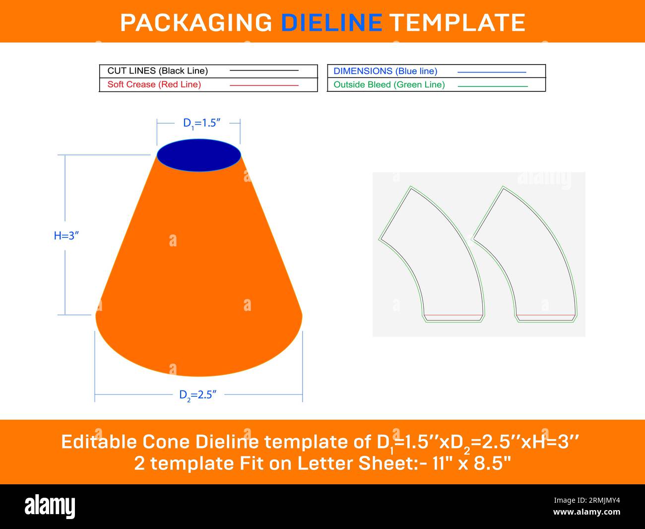 Cake Ice cream cone D1 1.5xD2 2.5xH 3 inch Die line Template Stock ...