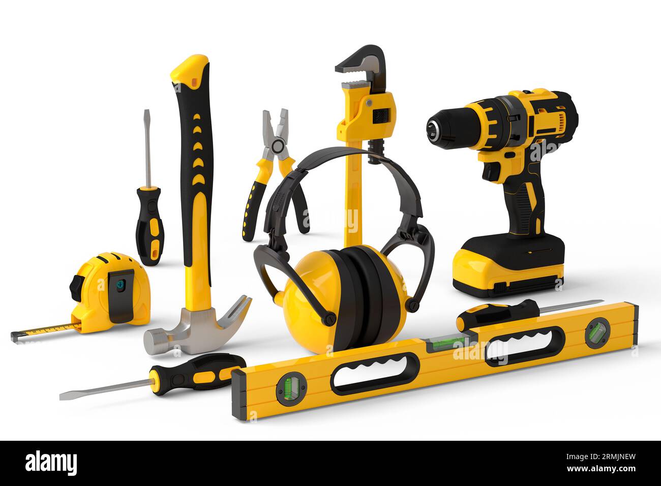 Flying view of yellow construction tools for repair and installation on ...