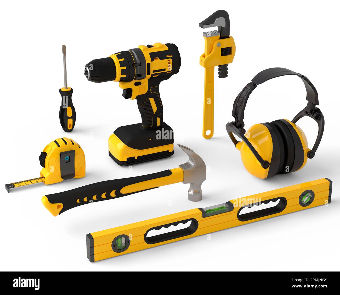 Flying view of yellow construction tools for repair and installation on ...