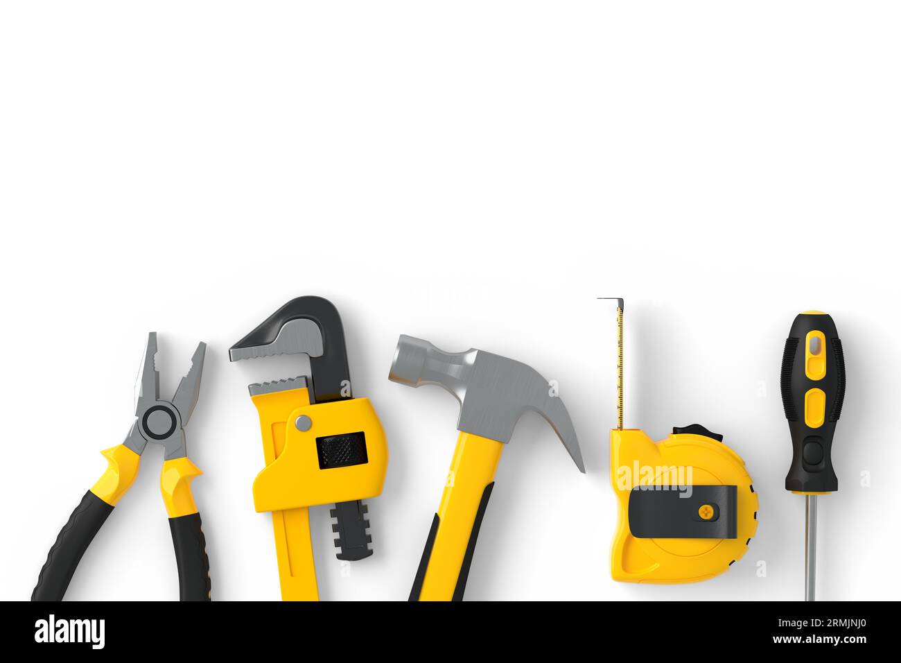 Flying view of yellow construction tools for repair and installation on ...