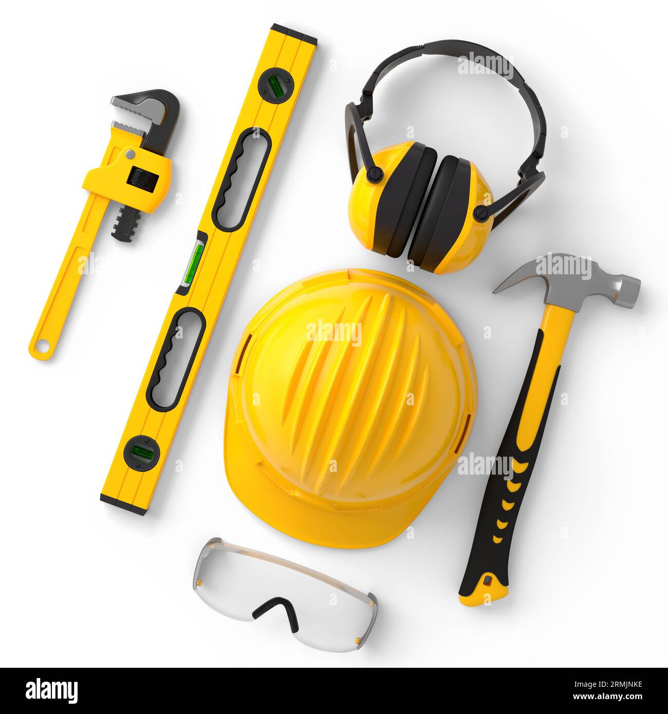 Flying view of yellow construction tools for repair and installation on ...