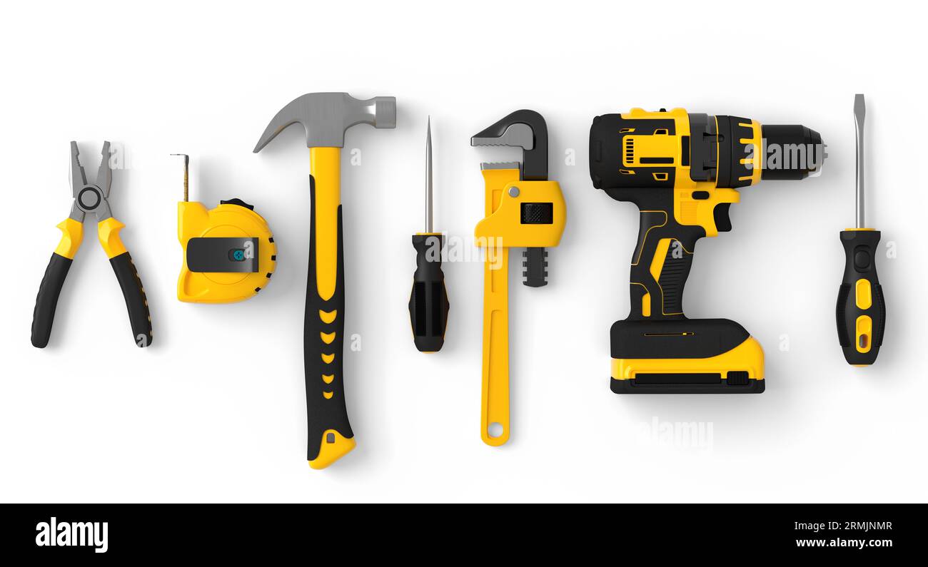 Flying view of yellow construction tools for repair and installation on ...