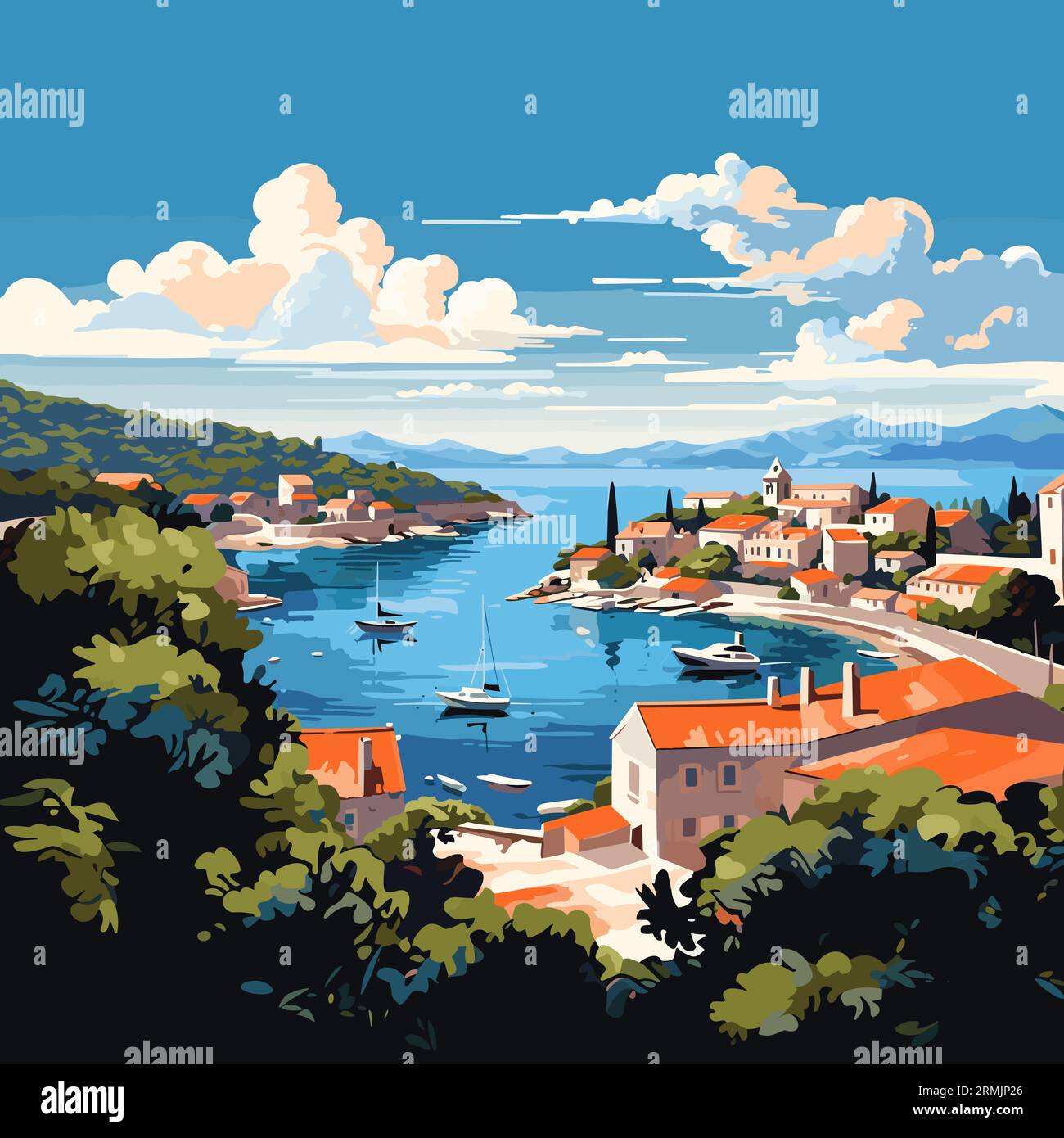 A drawing of Hvar & The Pakleni Islands, Travel Illustration, sunny ...