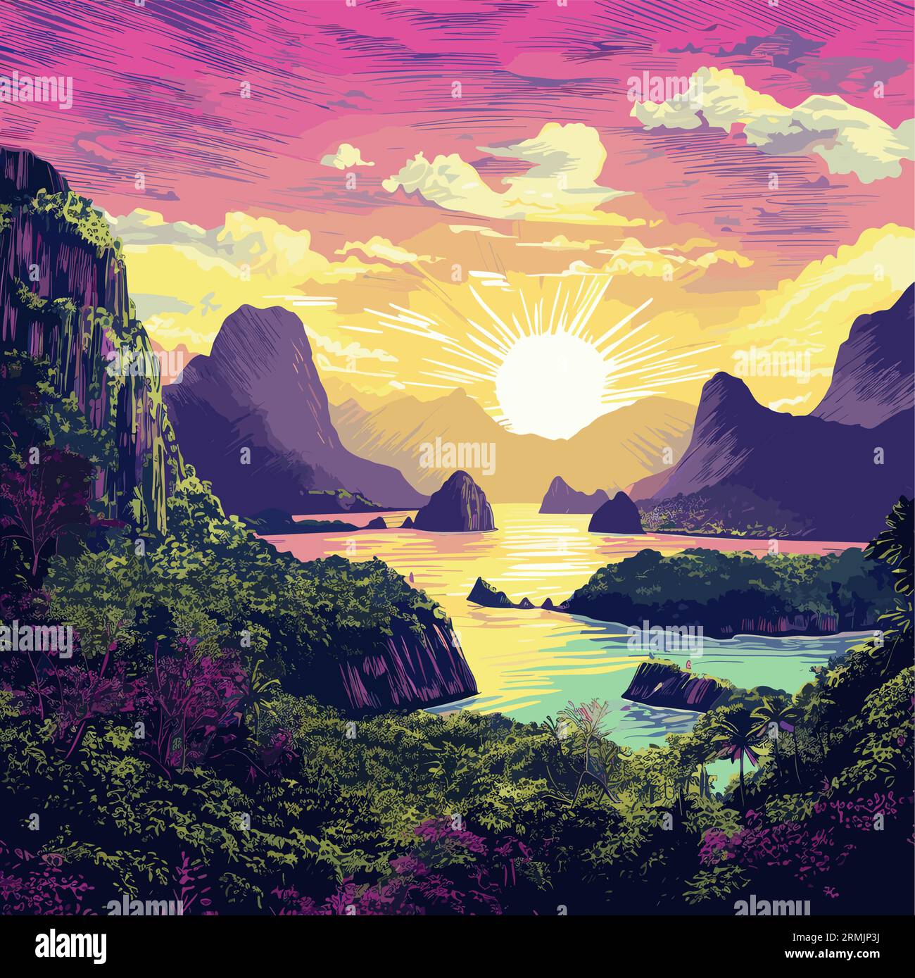 A drawing of The Andaman & Nicobar Islands, Travel Illustration, sunny ...