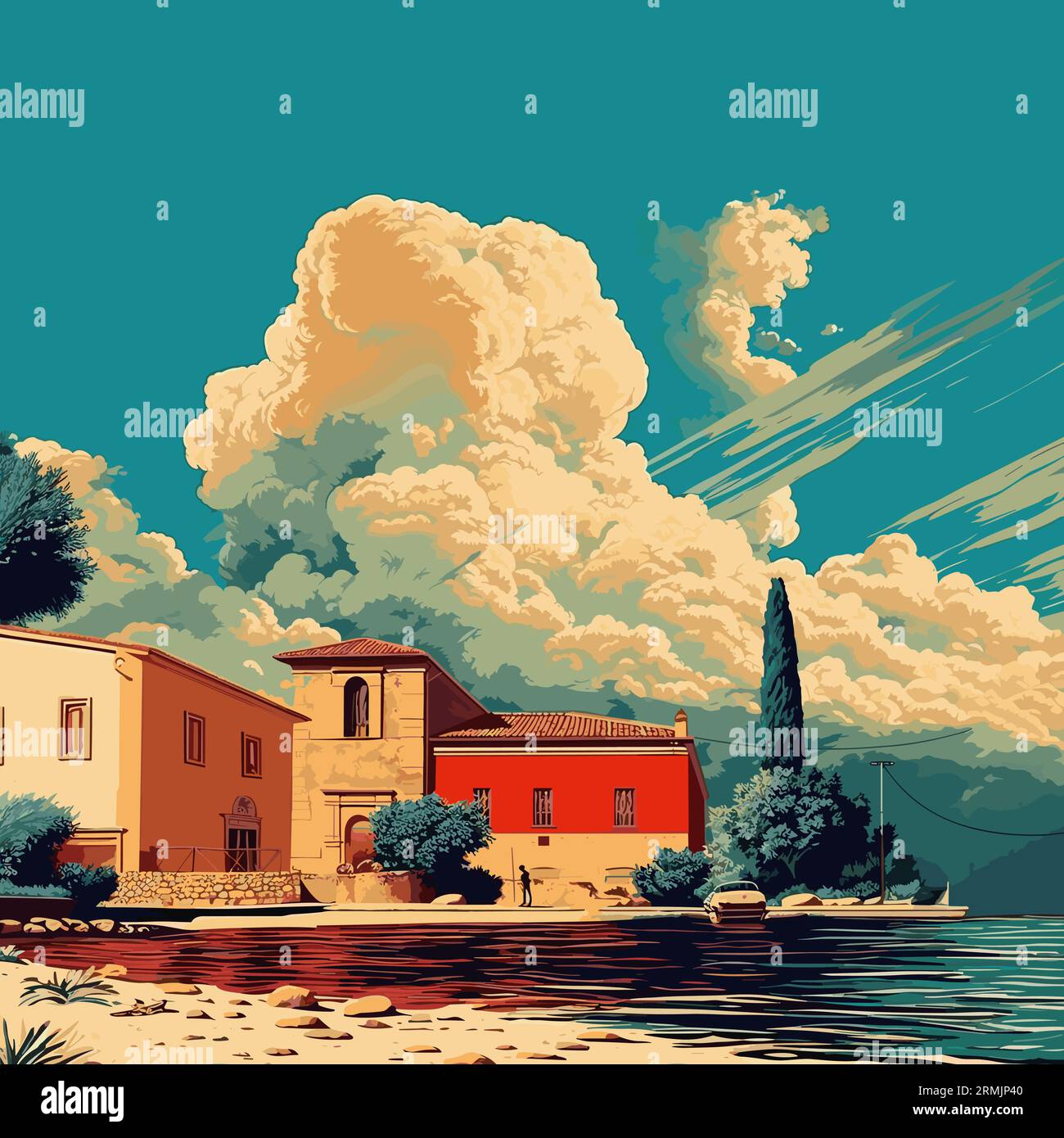 A drawing of Ré Island, Travel Illustration, sunny weather, bright ...