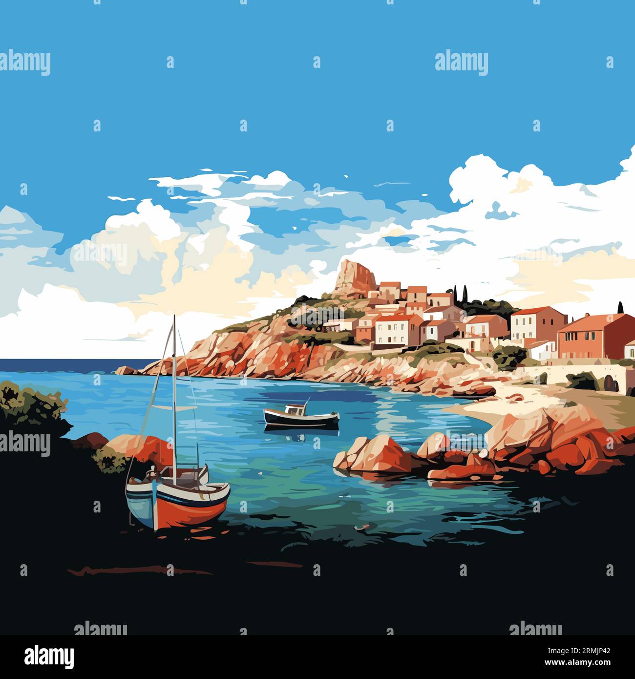 A drawing of Sardinia, Travel Illustration, sunny weather, bright ...