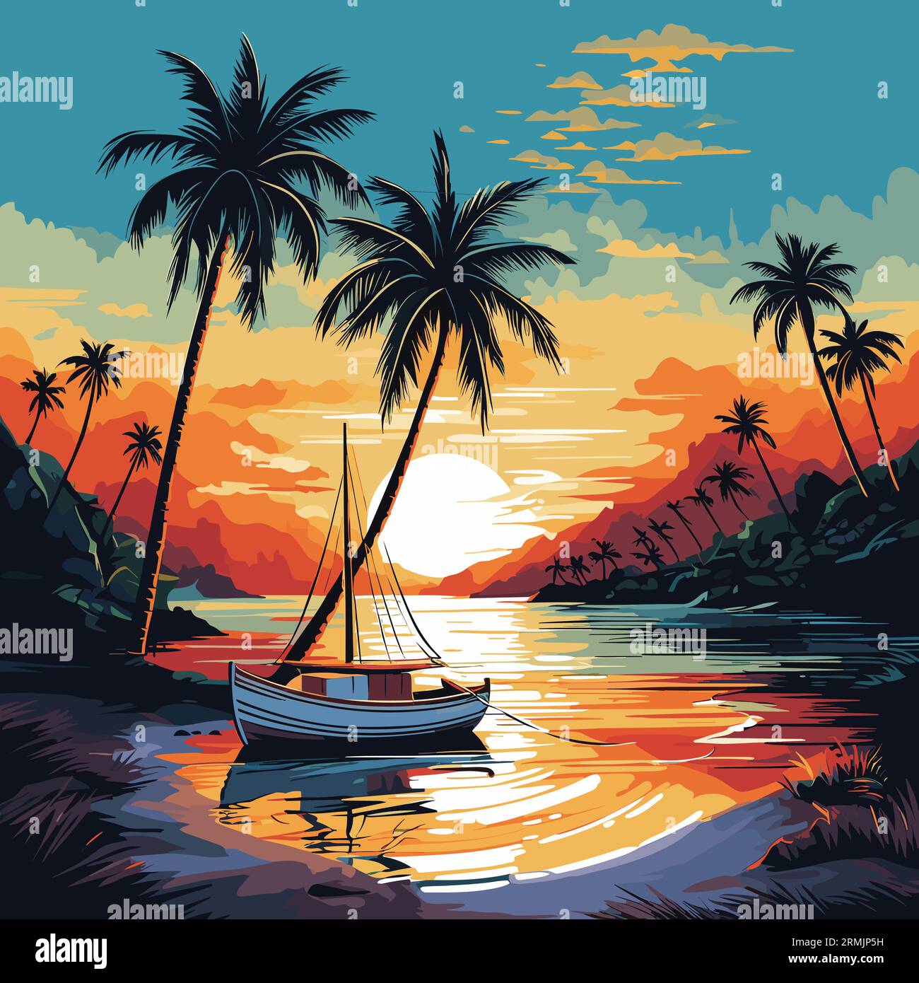 A drawing of Cook Islands, Travel Illustration, sunny weather, bright ...