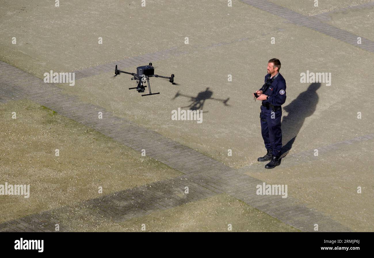 Belgium, Brussels: police drone in the sky flying over the European ...