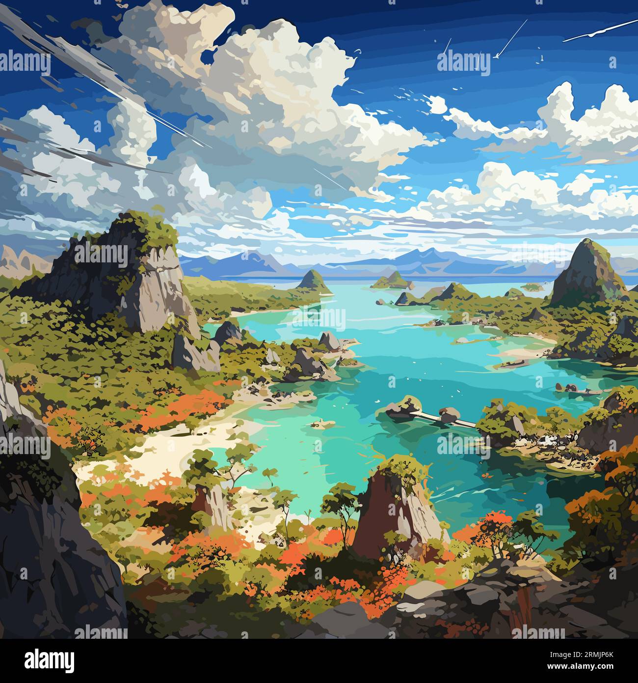 A drawing of Raja Ampat, Travel Illustration, sunny weather, bright ...