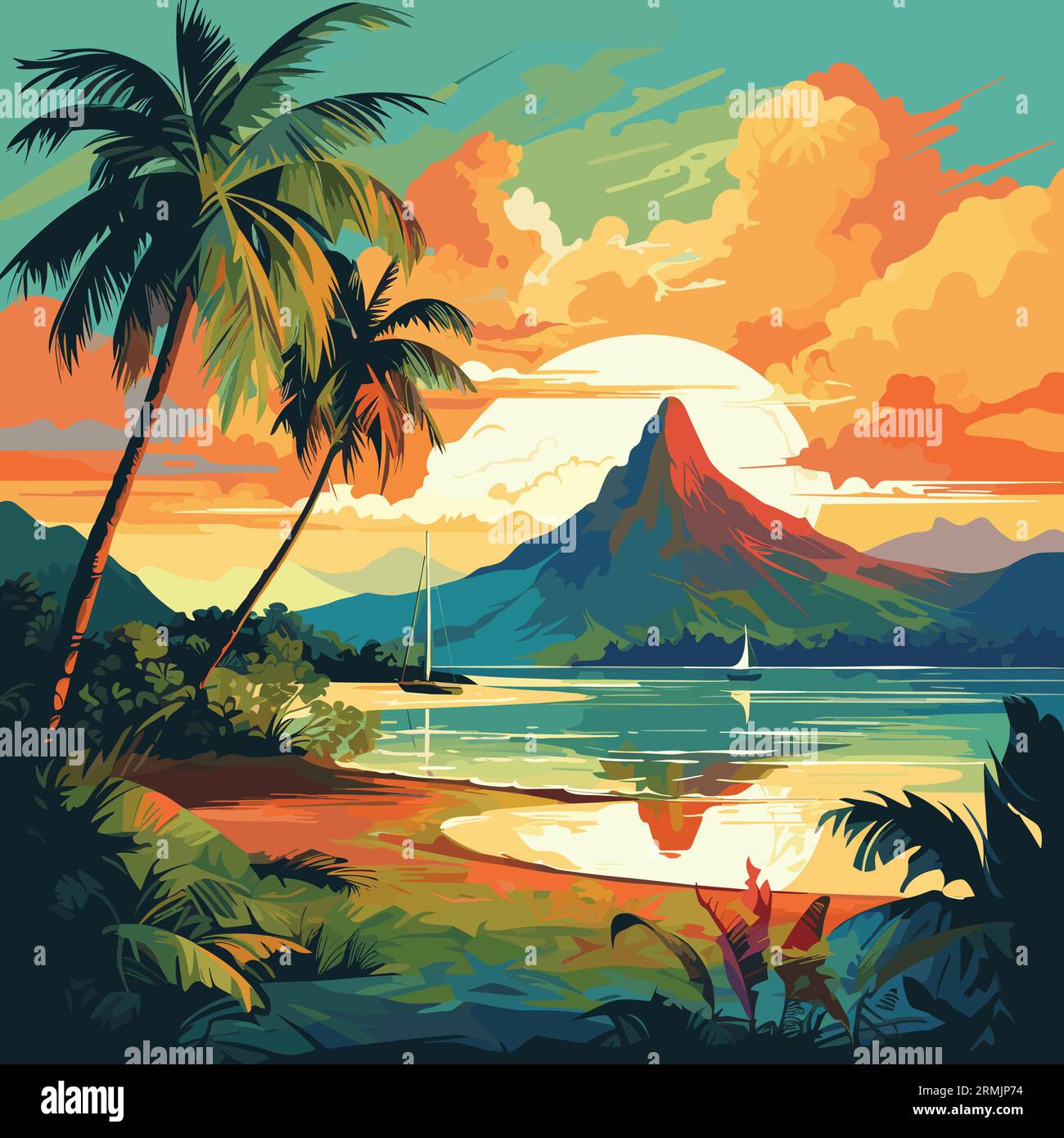 A drawing of French Polynesia, Travel Illustration, sunny weather ...