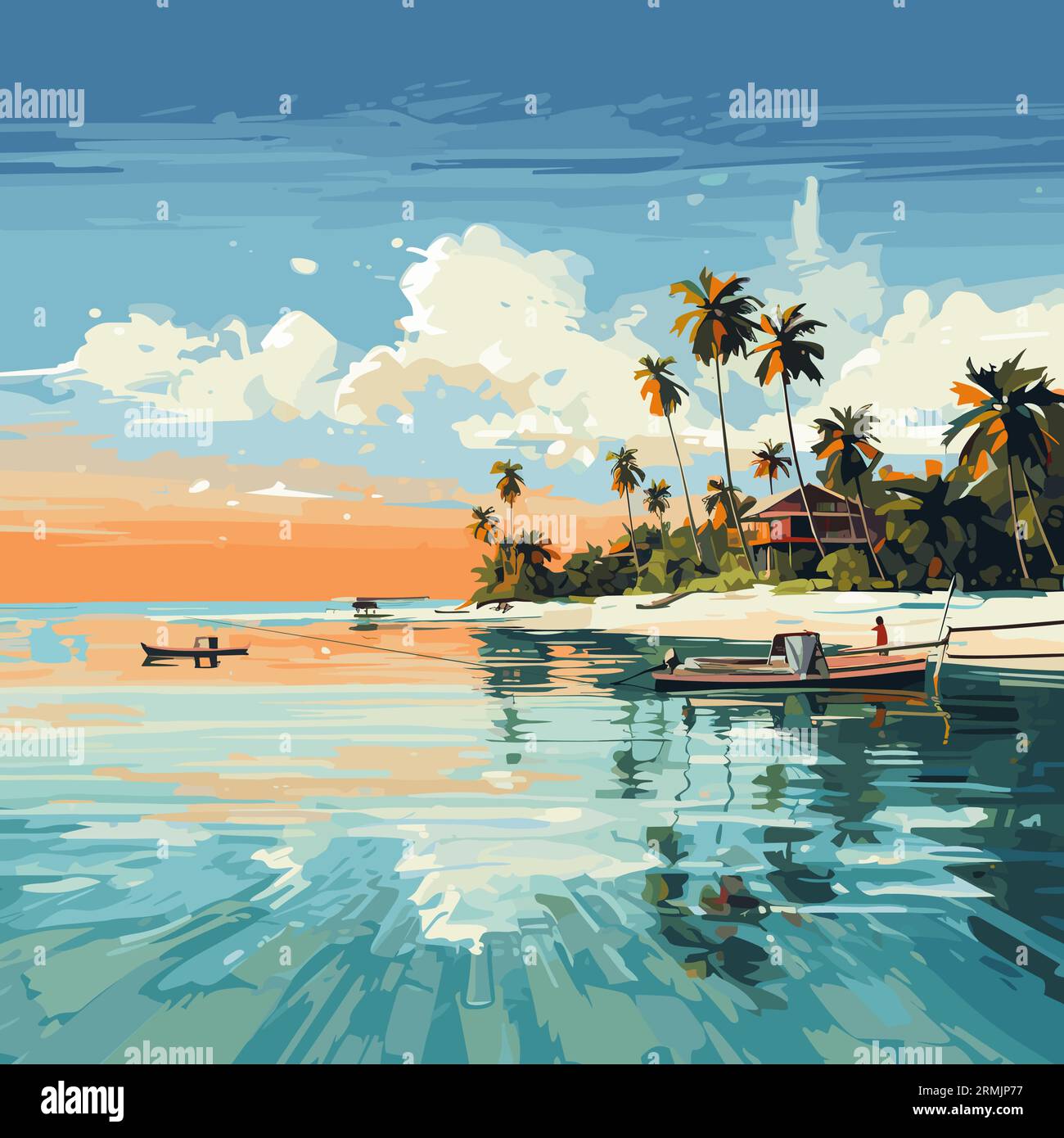 A drawing of Seychelles, Travel Illustration, sunny weather, bright ...