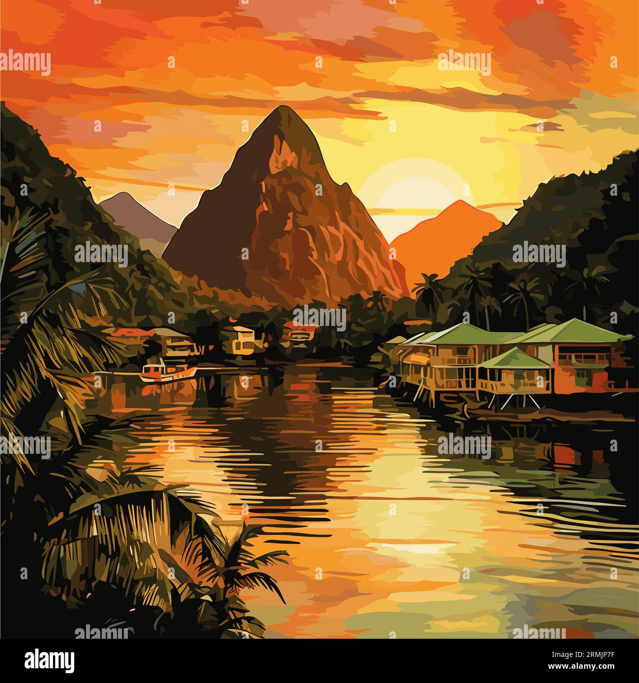 A drawing of Saint Lucia, Travel Illustration, sunny weather, bright detailled clouds, great ...